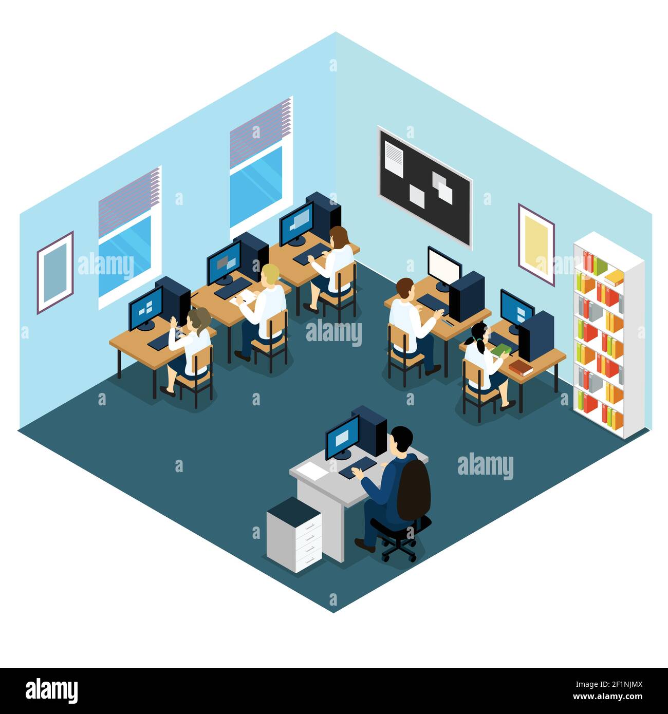 Computer class isometric layout with children at lesson in blue room ...