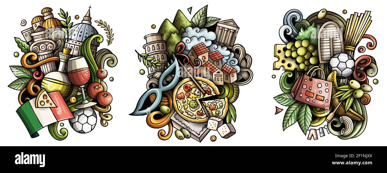 Italy cartoon vector doodle designs set. Colorful detailed compositions ...