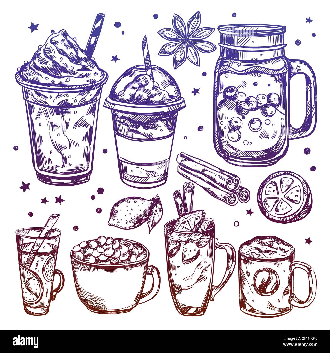 Hot winter drinks icon set isolated with different types cocktails for ...