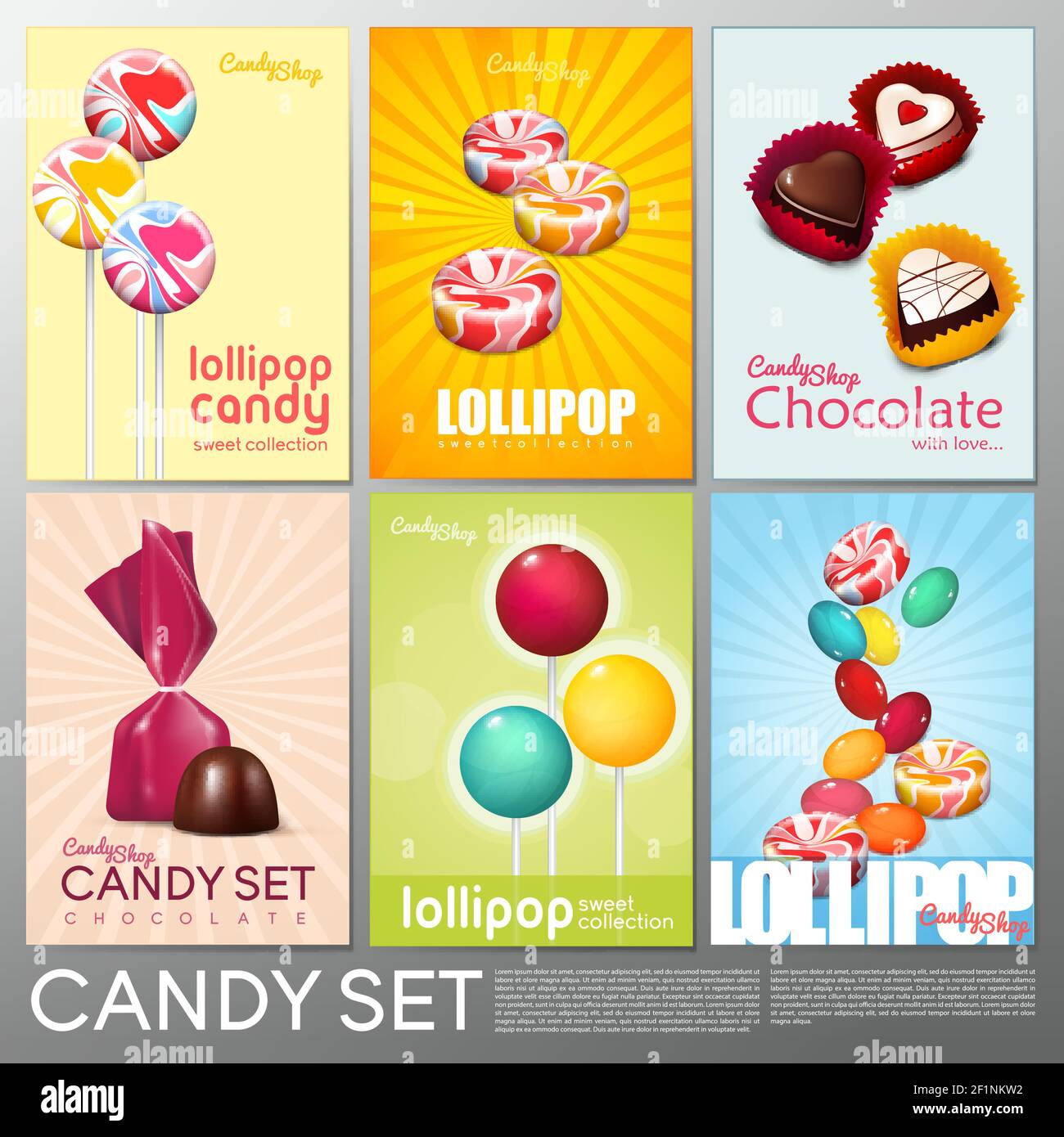Realistic colorful candy shop brochures set with chocolate sweet ...