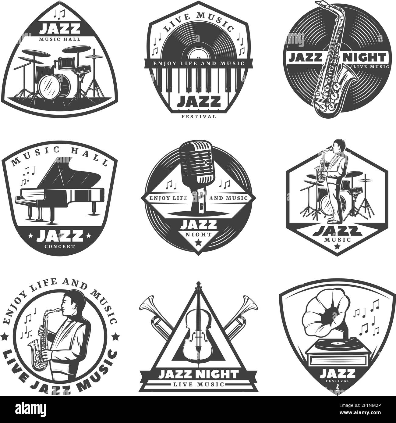Vintage monochrome jazz music labels set with inscriptions musician and ...