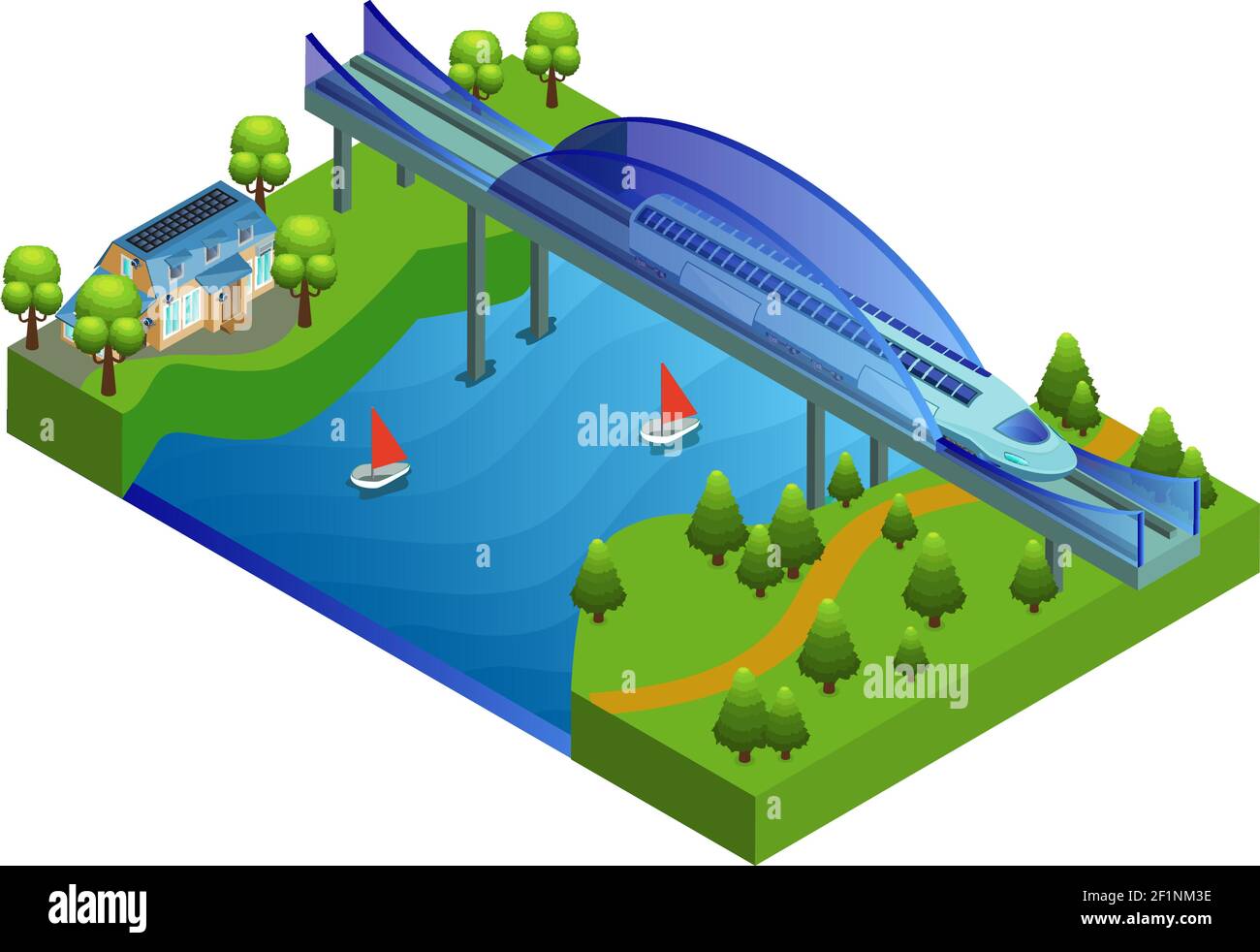 Isometric railway bridge concept with modern comfortable passenger train moving over river ...
