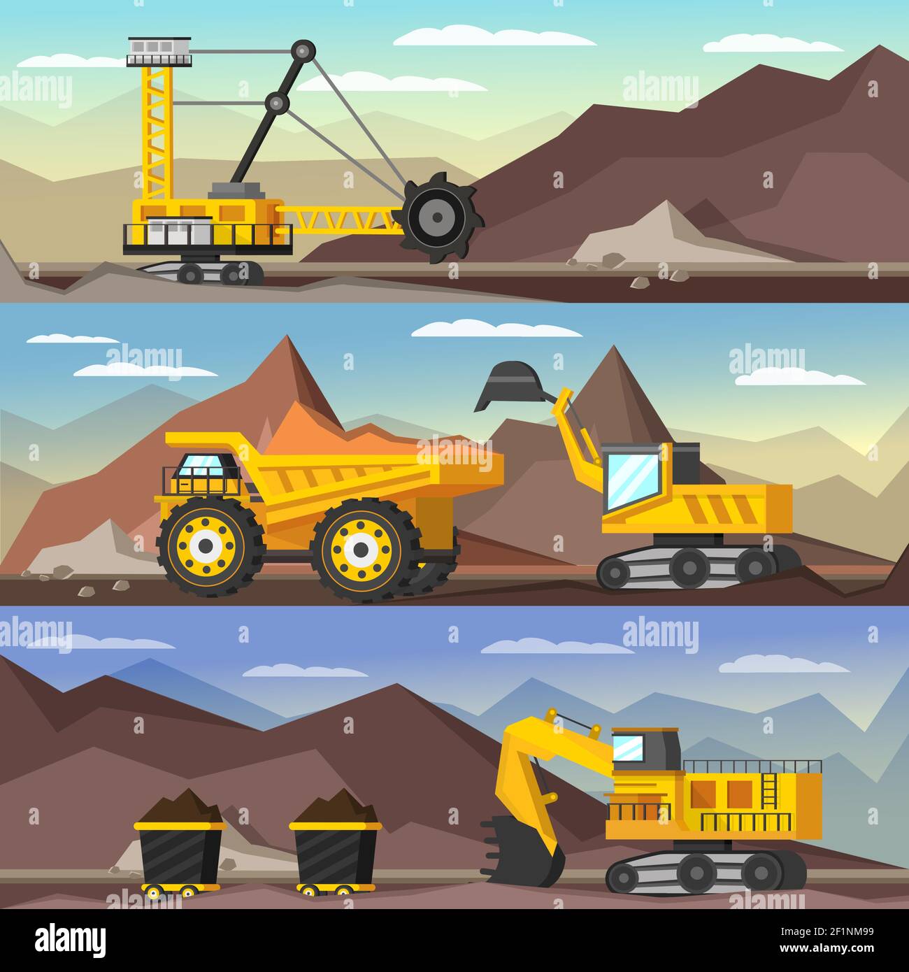Mining industry orthogonal banners set with machineries and coal in ...