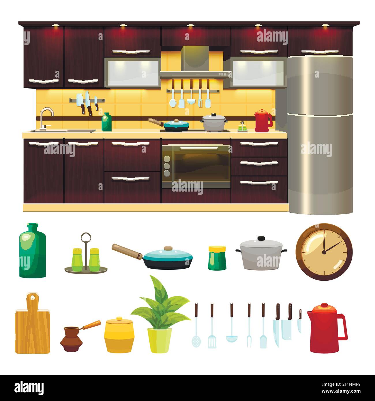 Colorful cartoon style kitchen interior and isolated symbols of cutlery ...