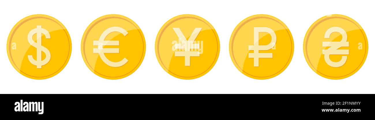 Currency signs of different countries. Set of golden coins. World ...