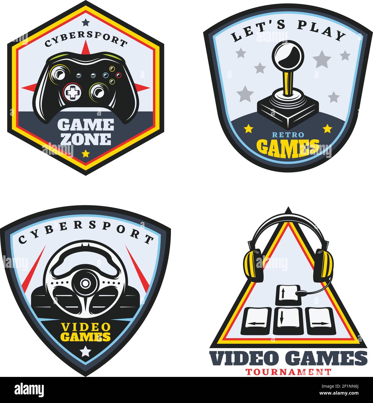Vintage colored video game emblems set with joystick portable ...