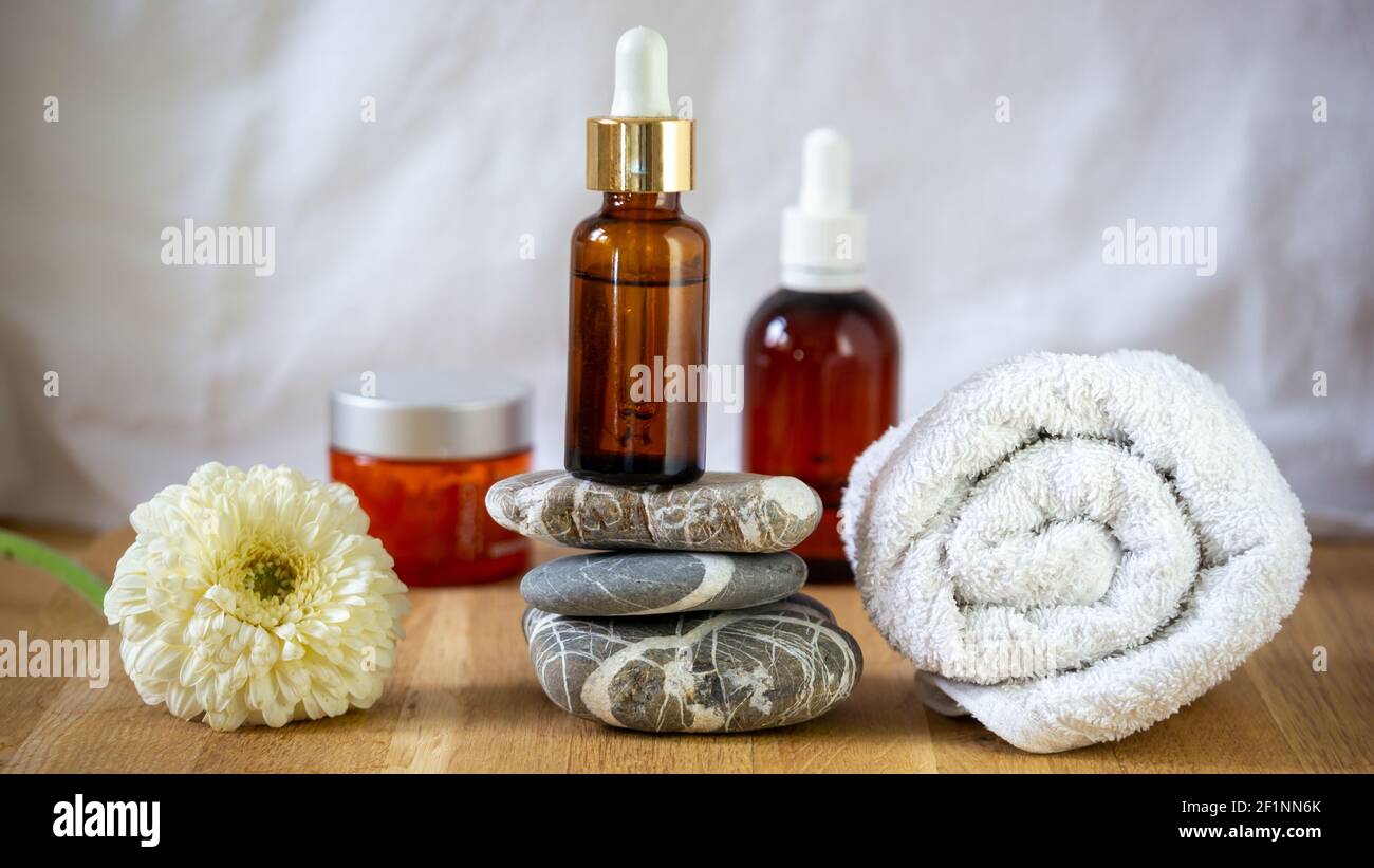Dark glass vessel with essential oil cosmetic product for skin care ...