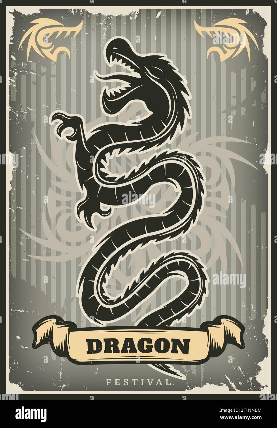 Vintage colored traditional asian dragon poster with mythological angry ...