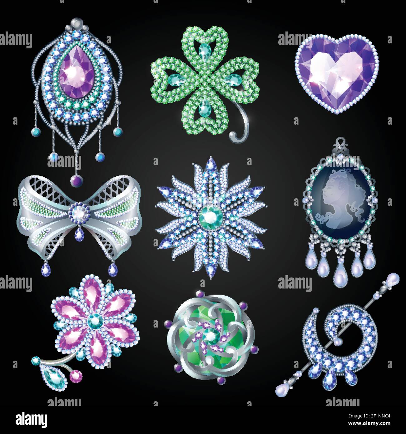 Cartoon nice silver glossy brooches set of various shapes on black ...