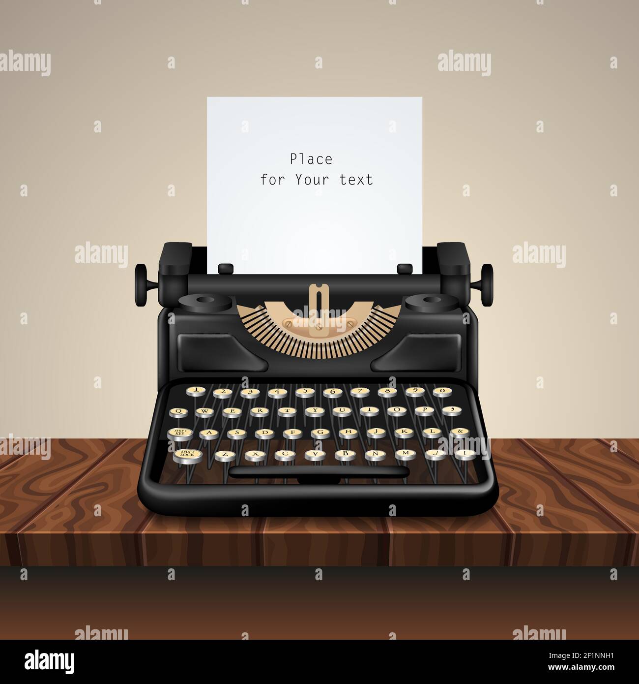 Composition with realistic image of a vintage typewriter on dark wood ...