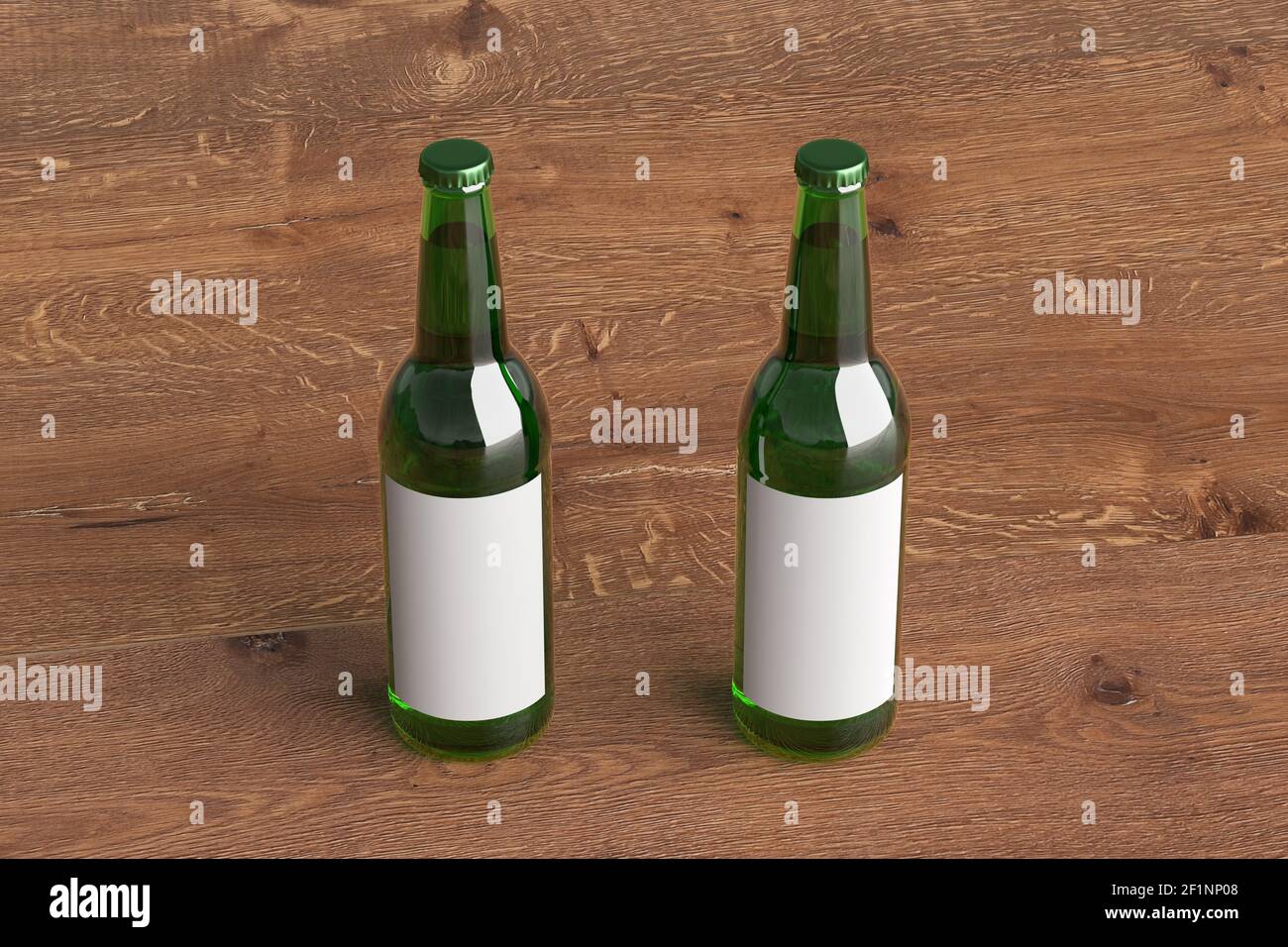 Two beer bottles 500ml mock up with blank label on wooden background ...