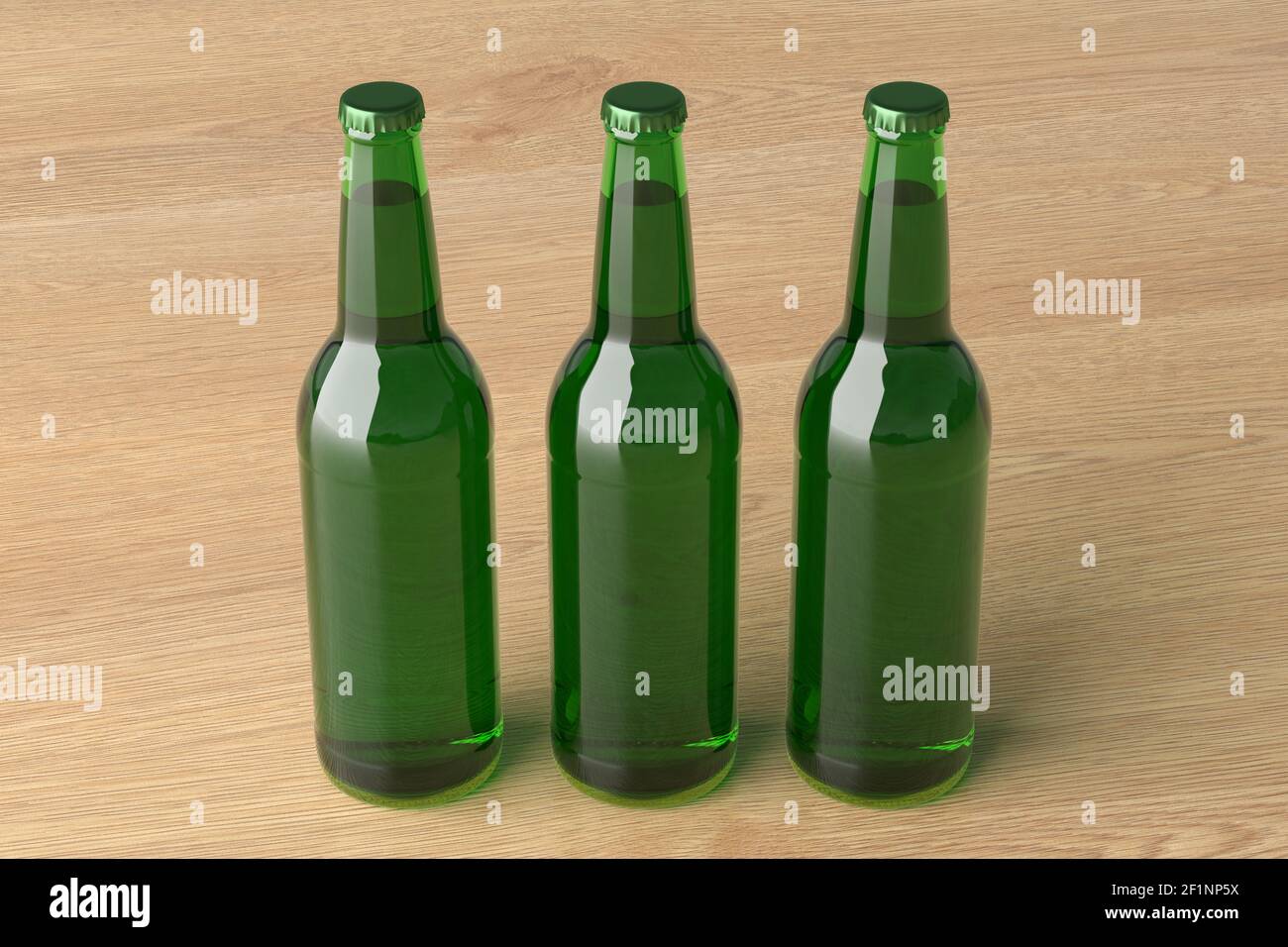 Three beer bottles 500ml mock up on wooden background. Side view Stock ...