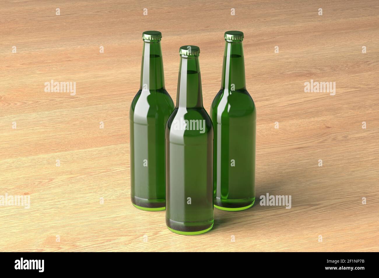 Three beer bottles 500ml mock up on wooden background. Side view Stock ...