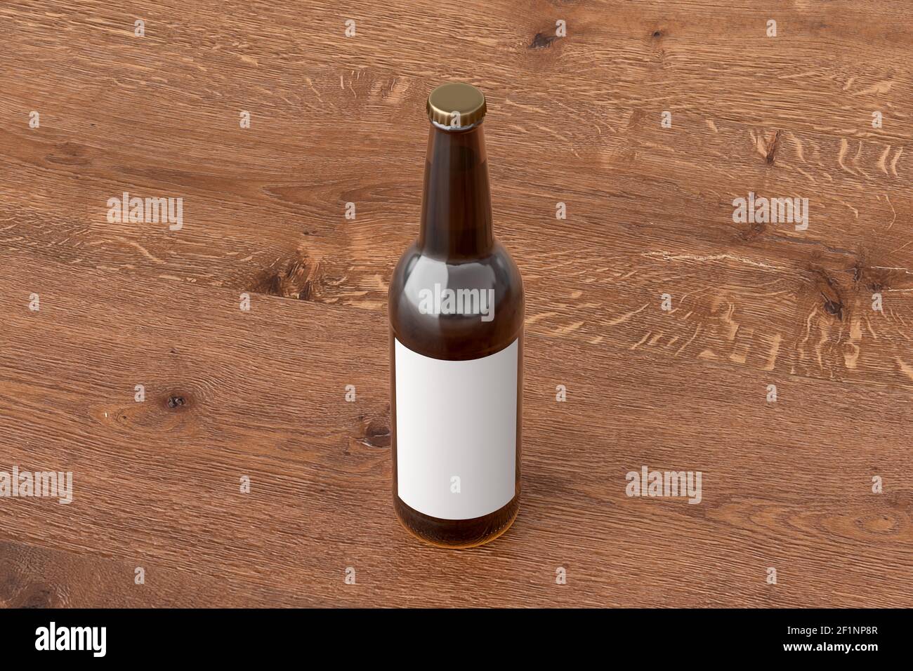 Beer bottle 500ml mock up with blank label on wooden background. Side ...
