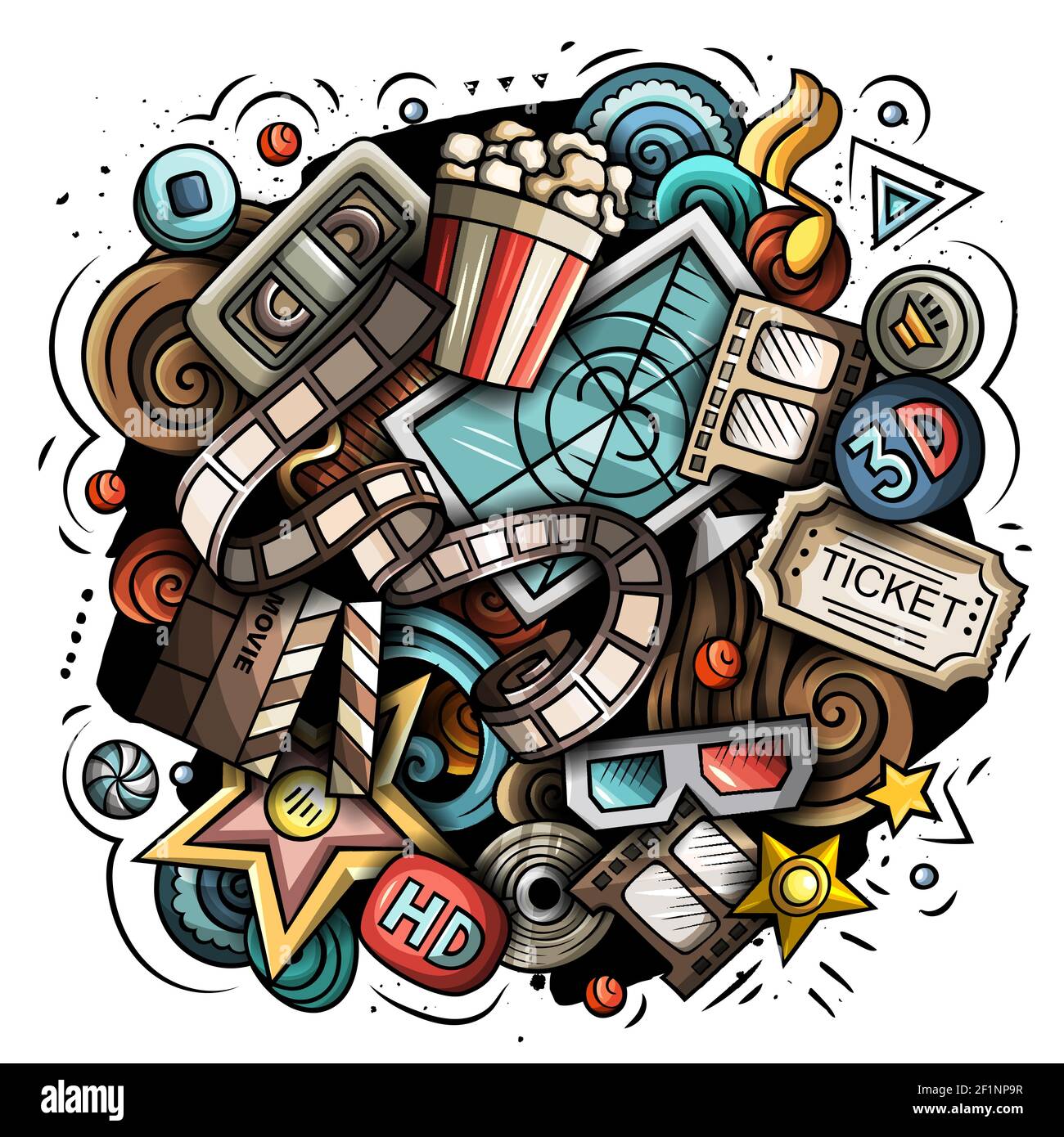 Cinema cartoon vector doodle design. Colorful detailed composition with ...