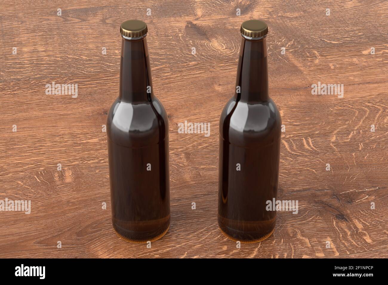 Two beer bottles 500ml mock up on wooden background. Side view Stock ...