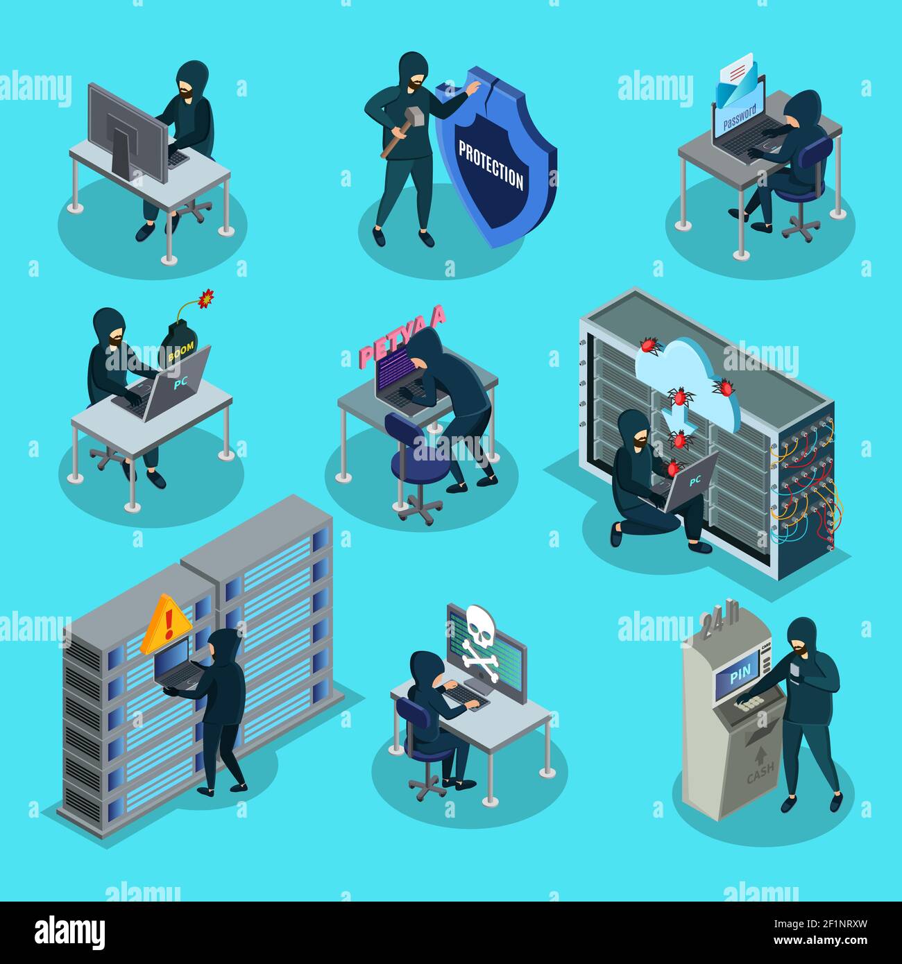 Isometric hacking activity elements set with hackers stealing money ... Isometric hacking activity elements set with hackers stealing money ...