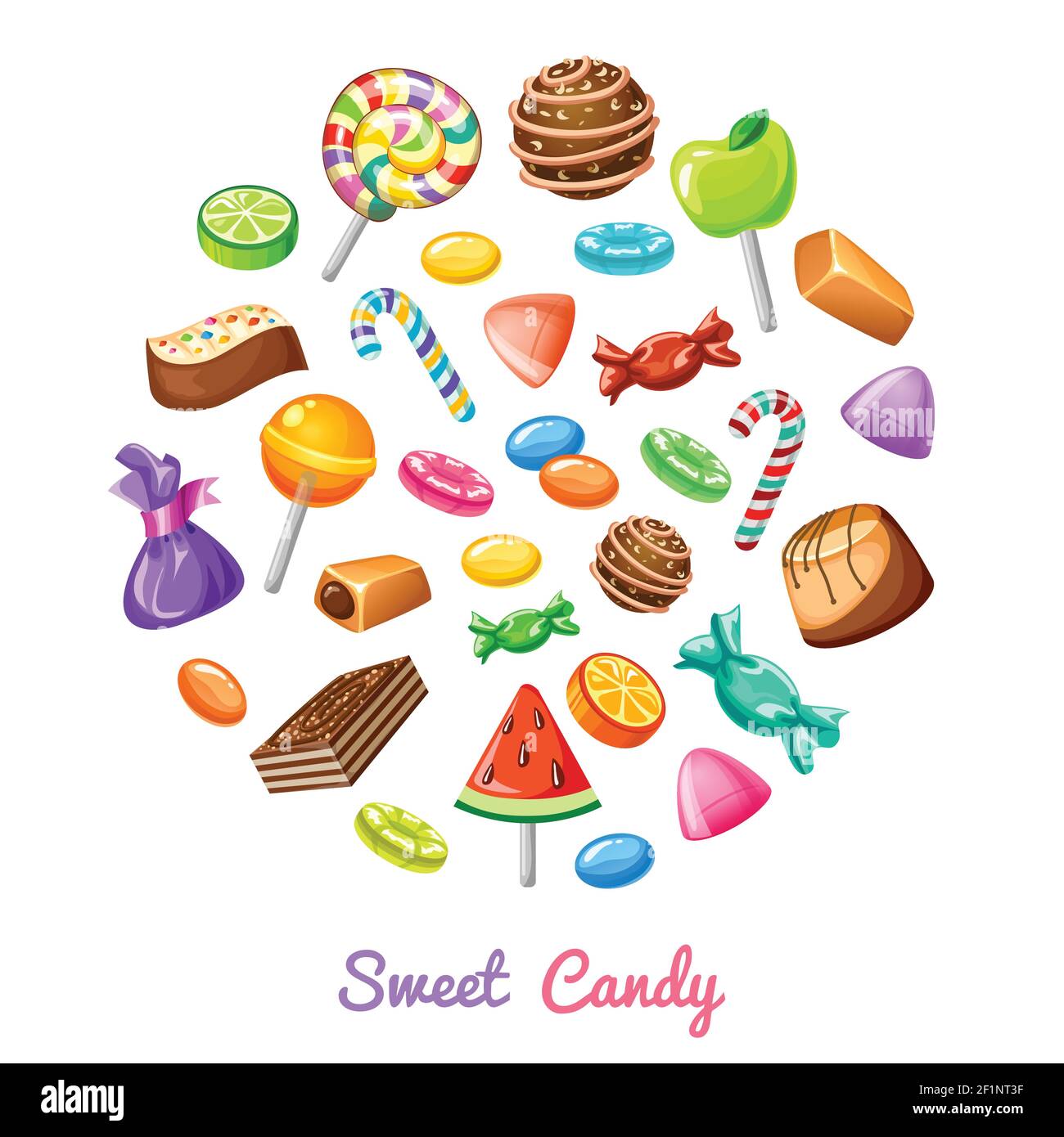 Sweet candy composition with colored flat isolated icon set combined in ...