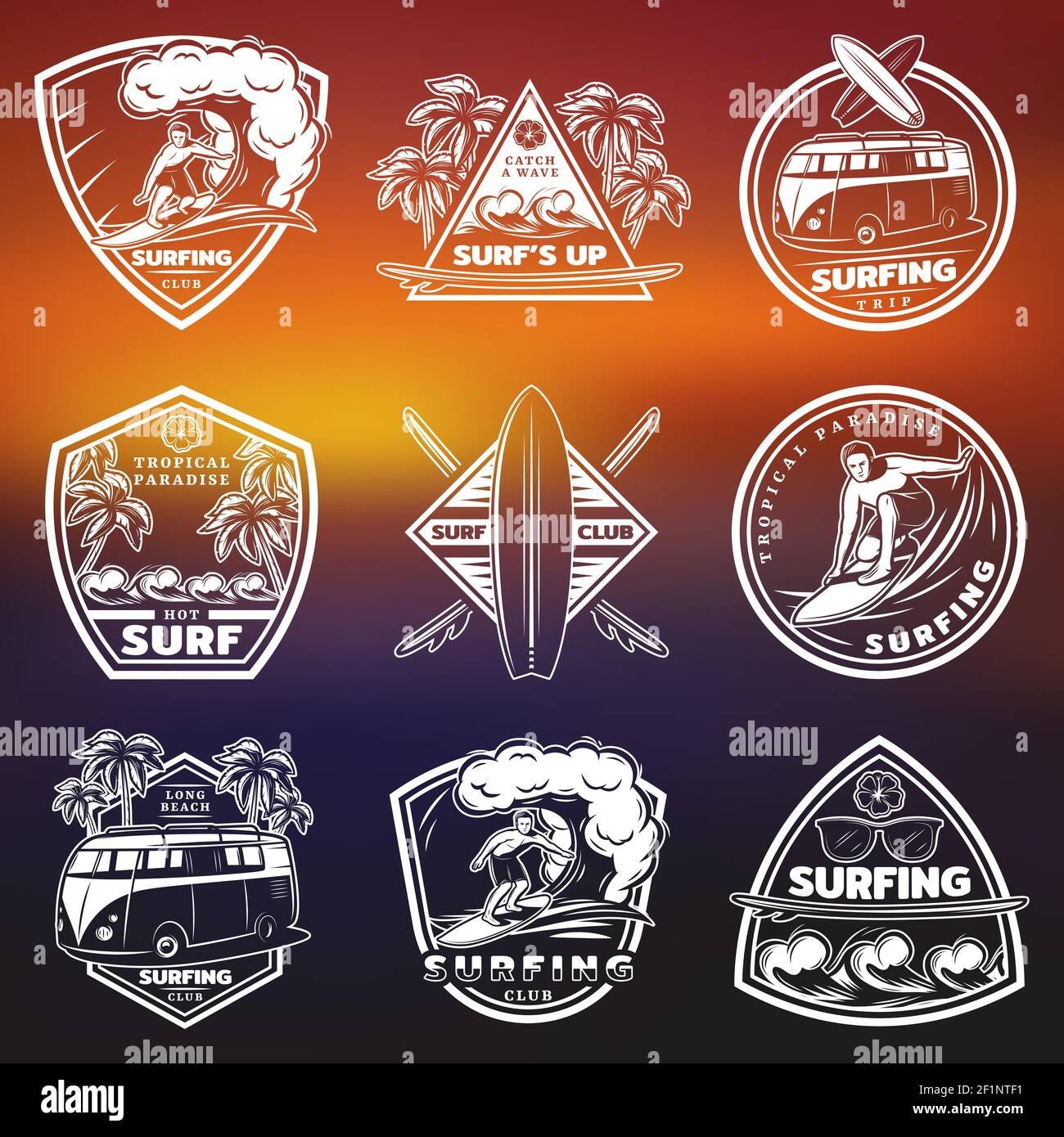 Vintage white surfing labels set with surfers surfboards palms bus ...