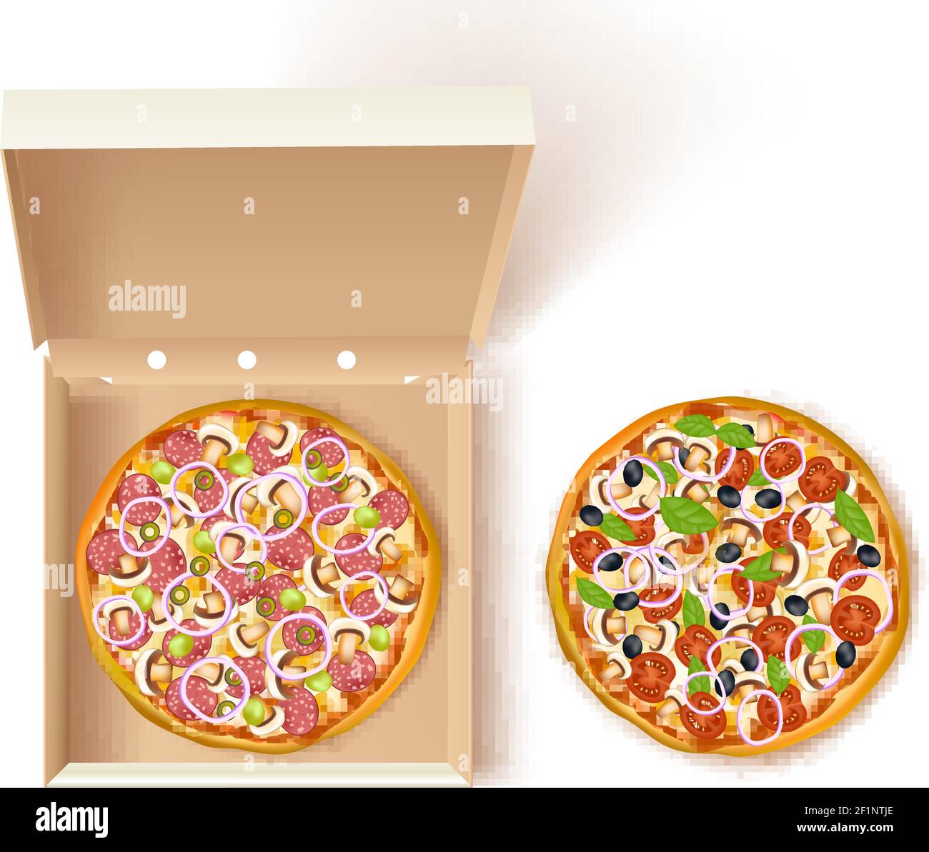 Pizza box composition with two pizzas one in box and one without vector ...
