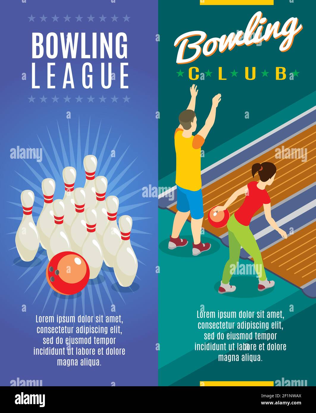 Isometric bowling game vertical banners with skittles and players ...