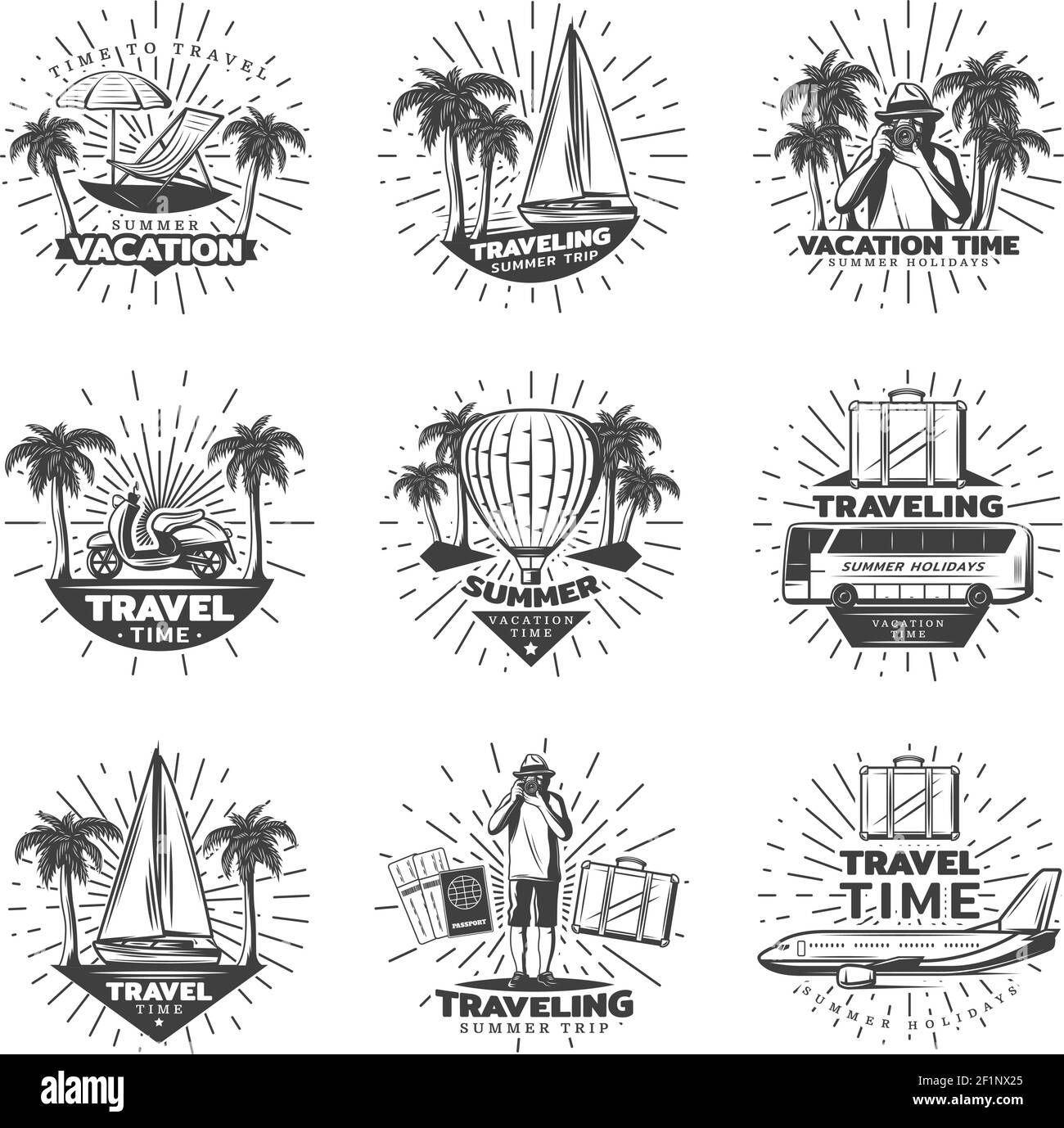 Vintage monochrome traveling labels set with traveler vehicles vacation ...