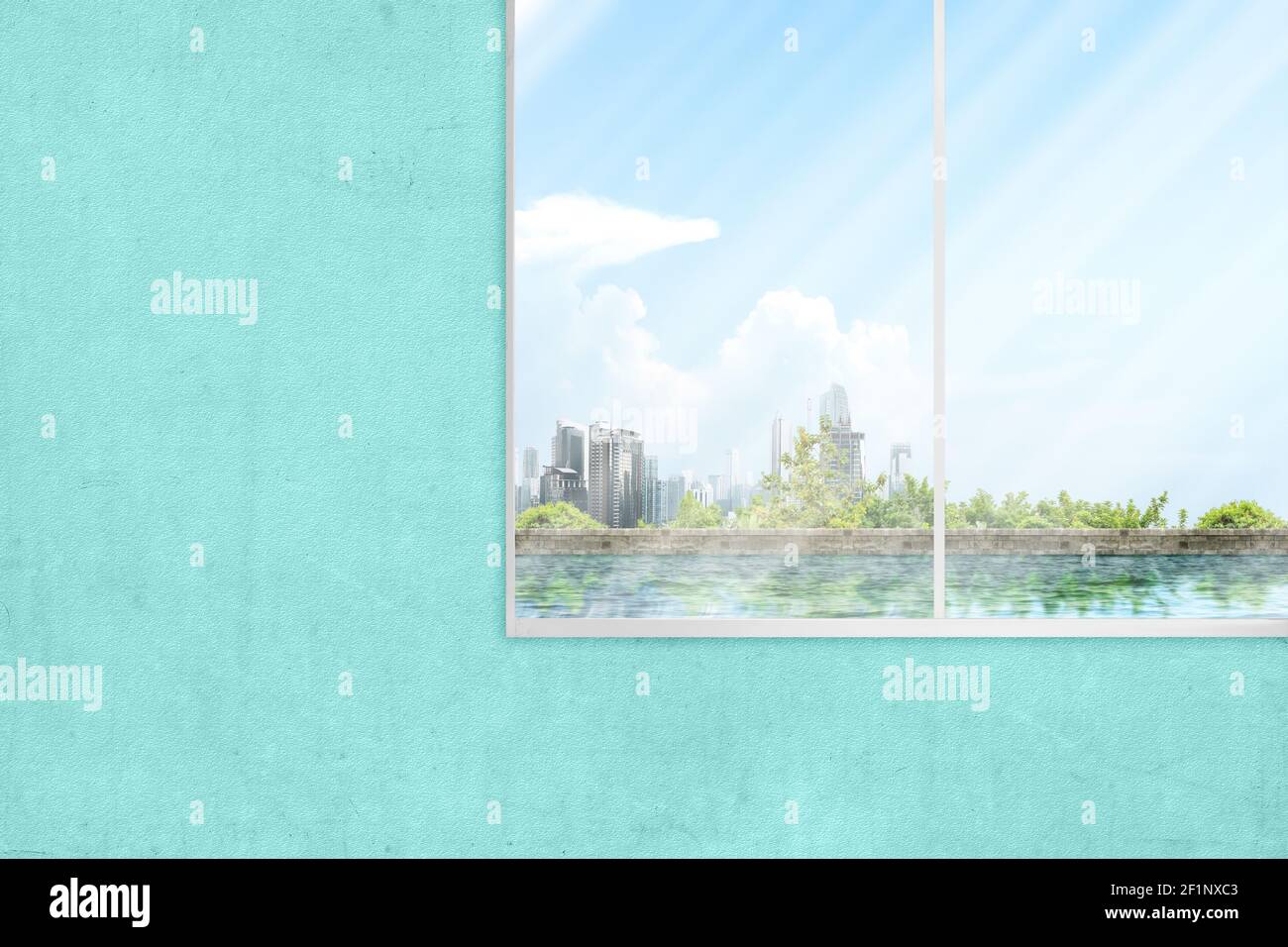Window glass with pond view and skyscrapers background Stock Photo - Alamy