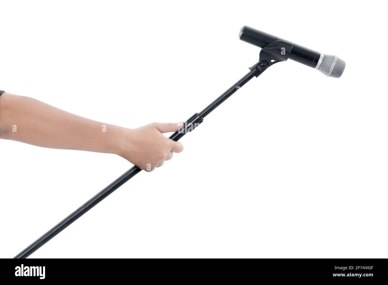 Man hand holding microphone isolated over white background Stock Photo ...