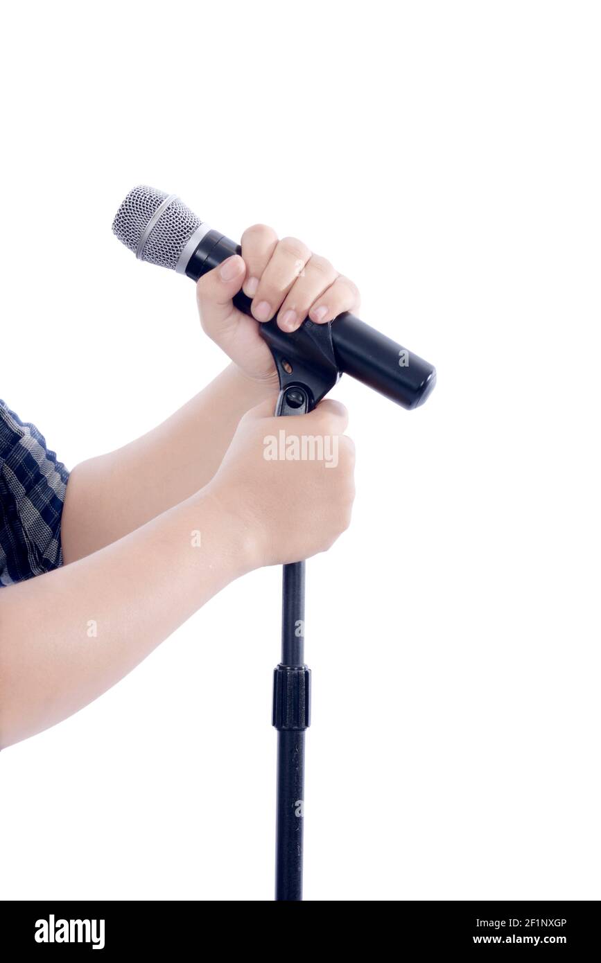 Man hand holding microphone isolated over white background Stock Photo ...