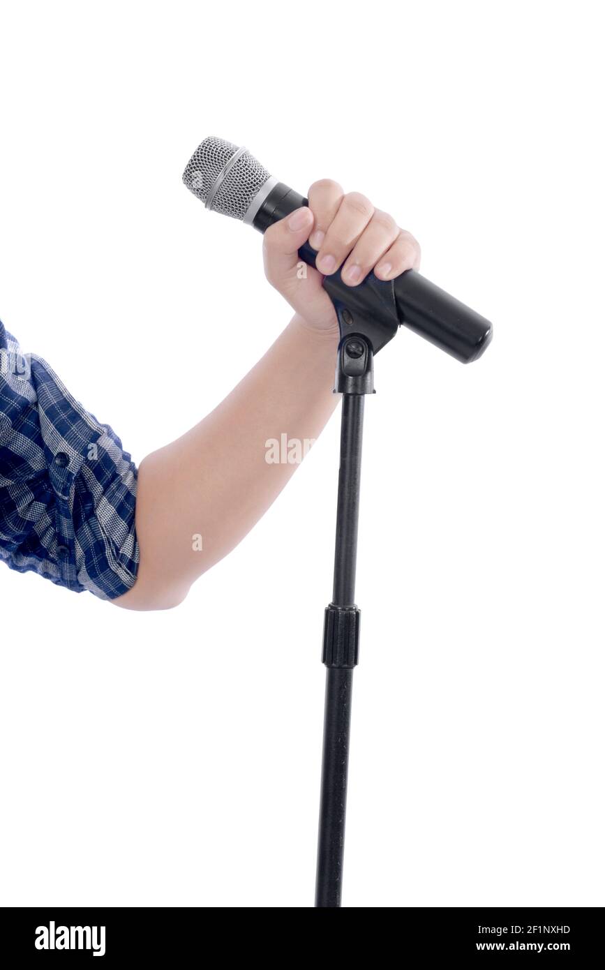 Man hand holding microphone isolated over white background Stock Photo ...