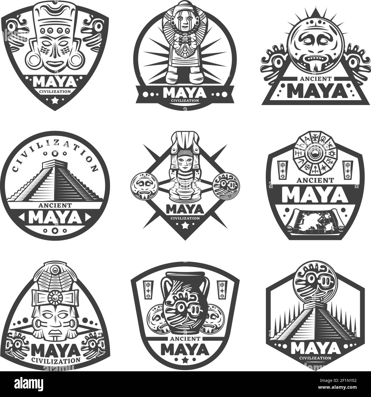 Vintage monochrome maya labels set with tribal masks ceremonial idols ...