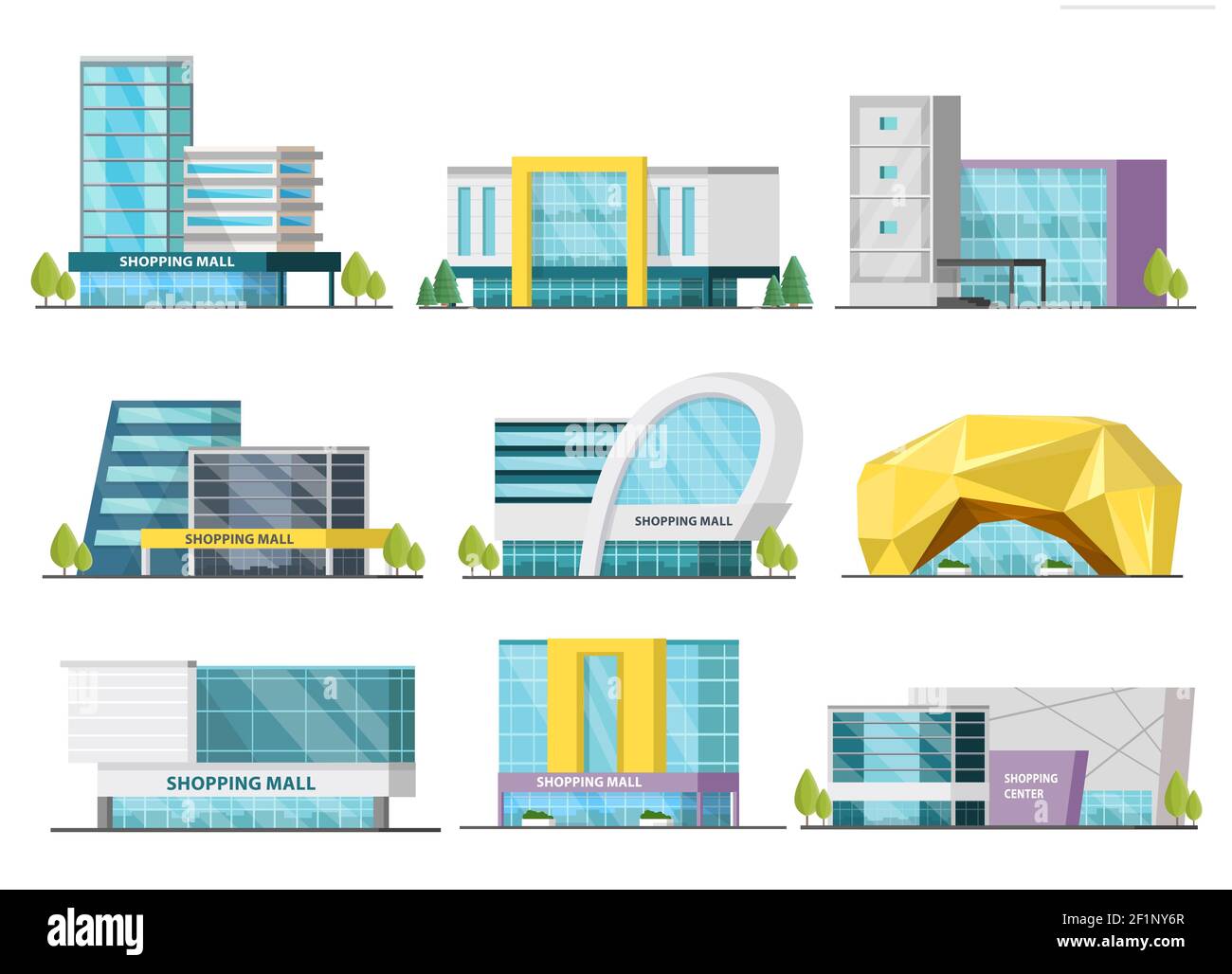 Set of isolated shopping mall buildings of various design with ...