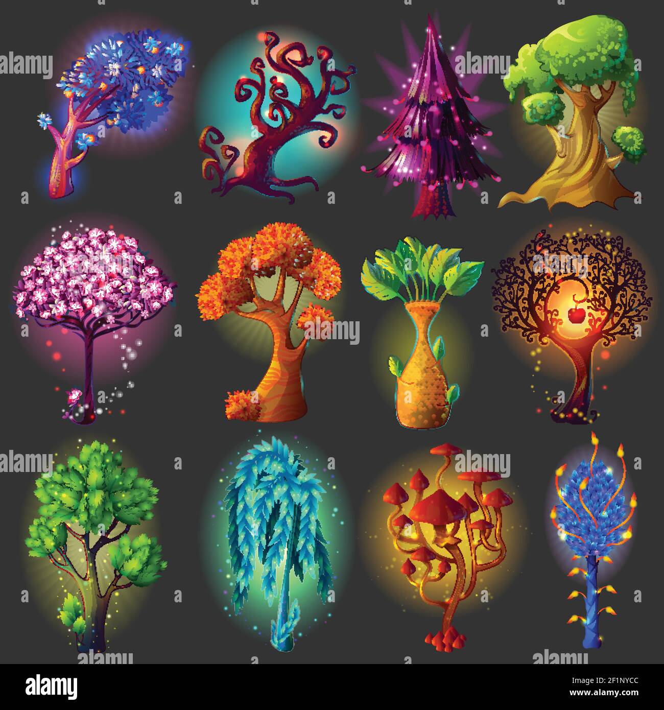Cartoon natural icon set with multicolored different magic trees ...
