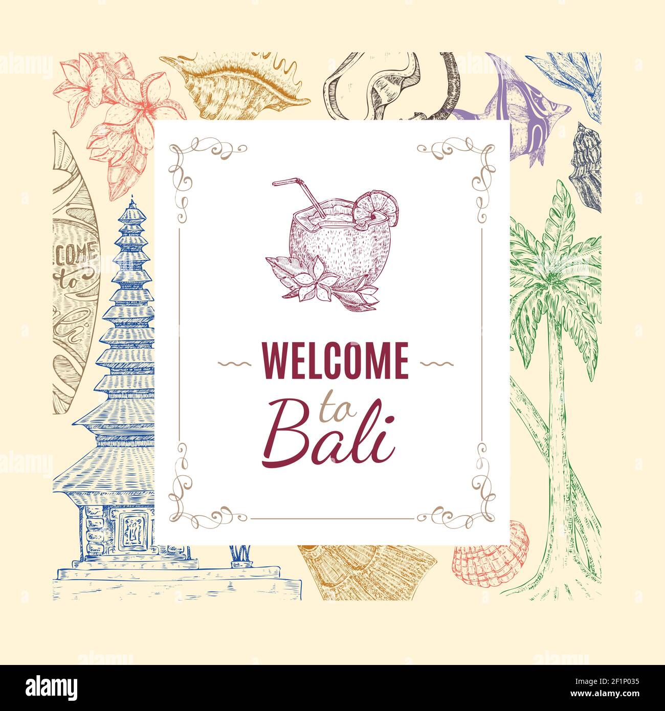 Hand drawn bali icons composition with colorful images of temple palms ...