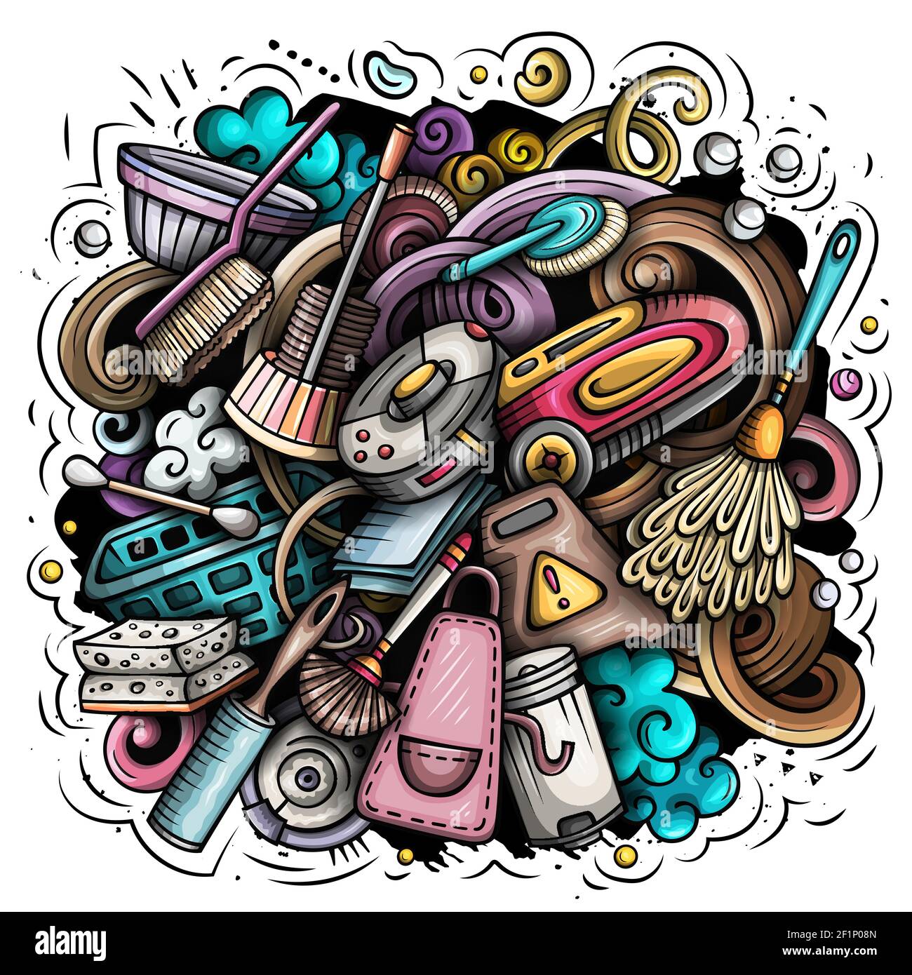Cleaning cartoon vector doodle design. Colorful detailed composition ...