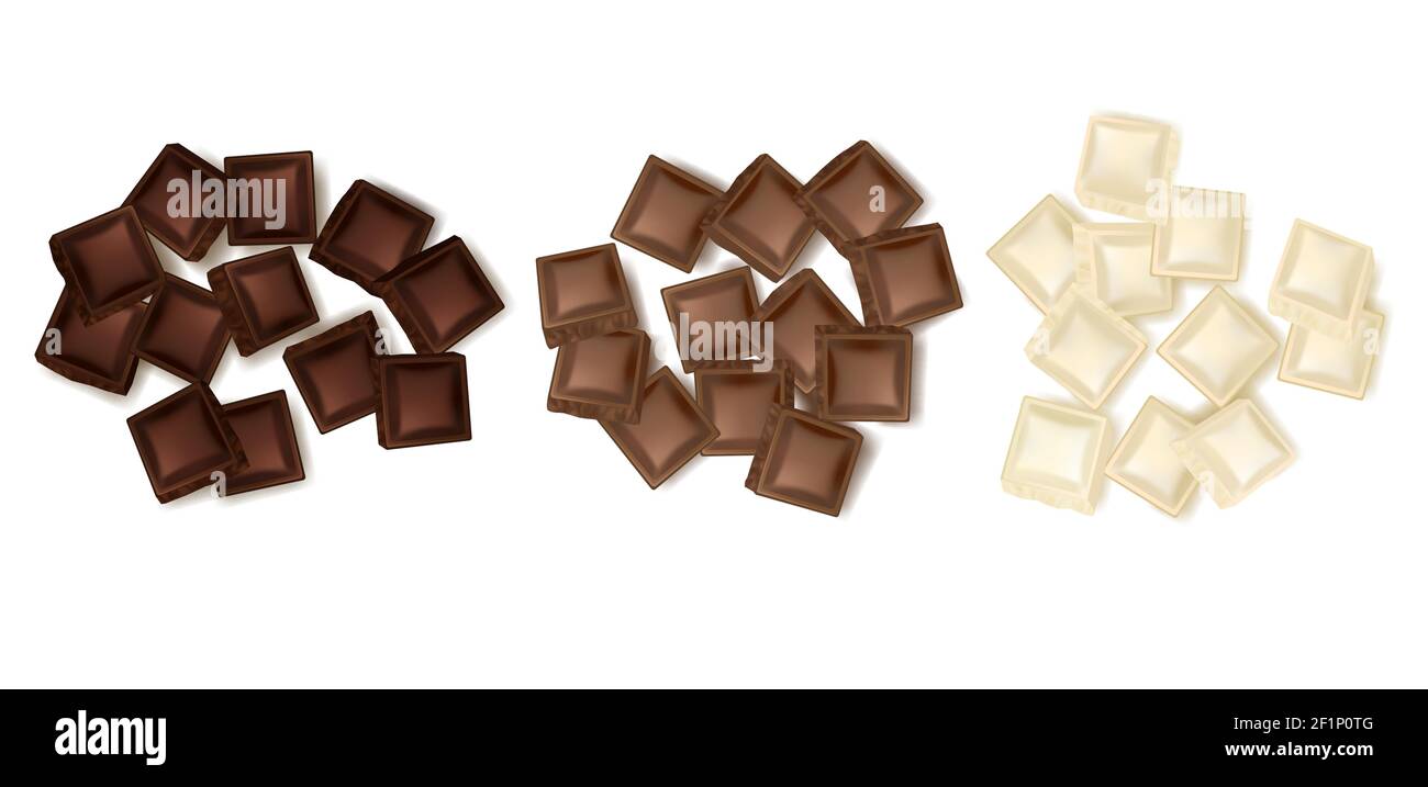 Set of three isolated realistic colorful turds of chocolate slices ...