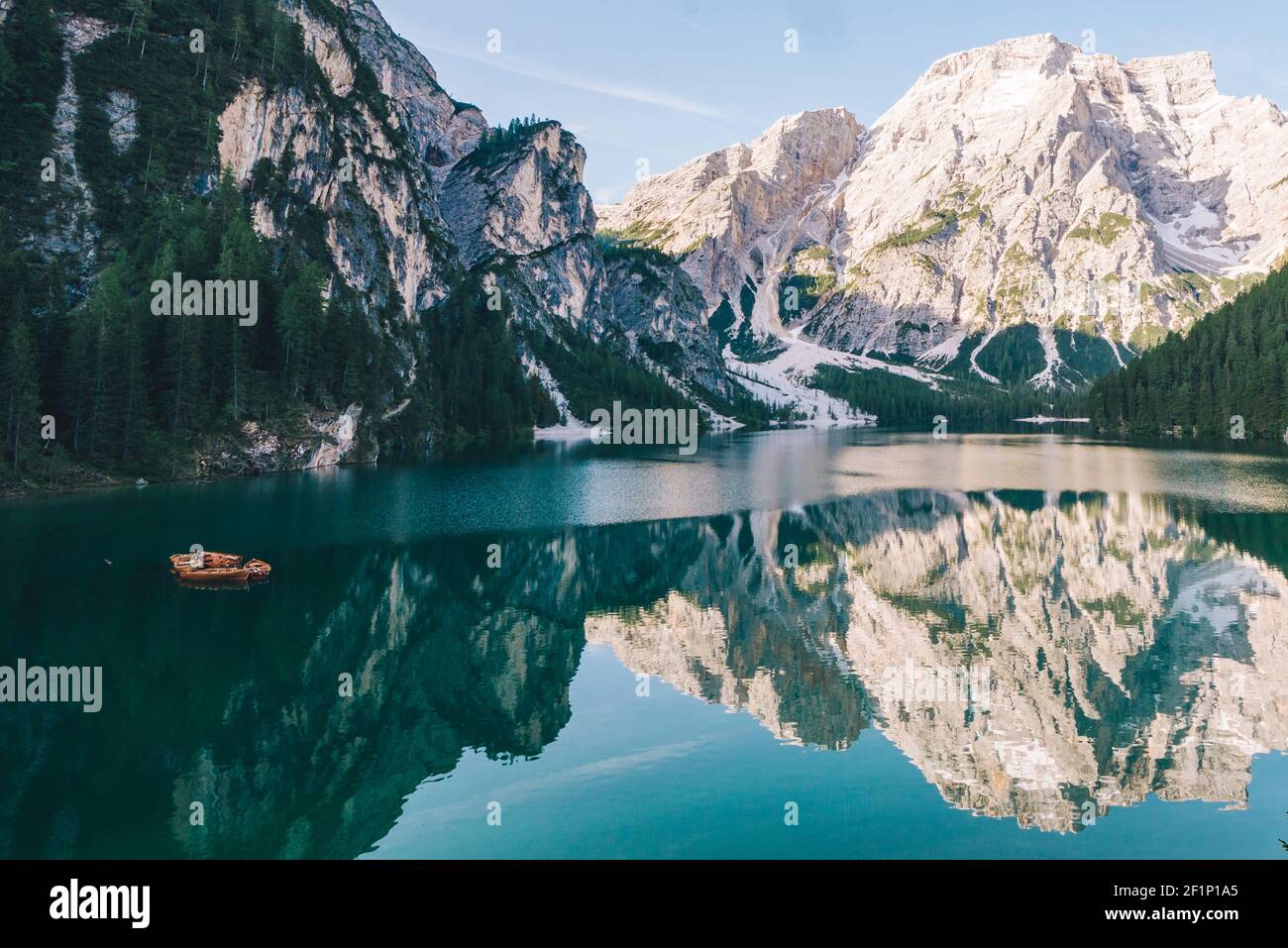 landscape view of alpine lake summer time. reflection in water surface ...
