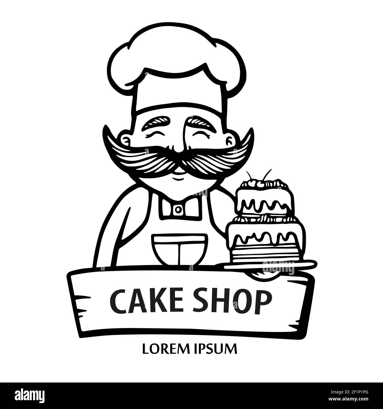 Bakery logo. Hand drawn vector illustration of chef-cooker with a ...
