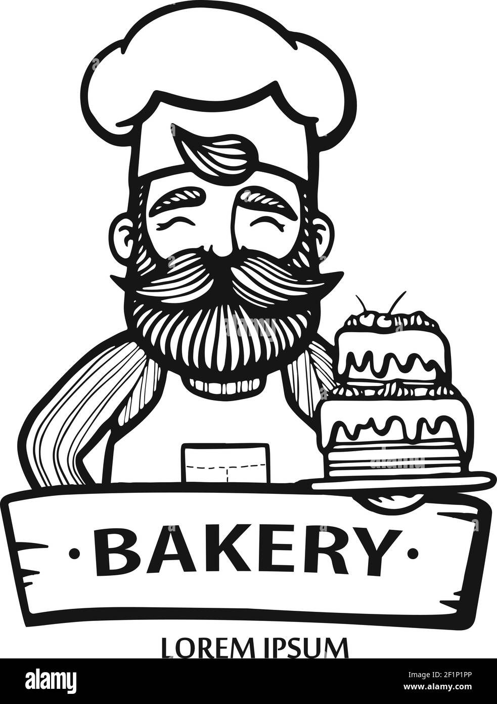 Bakery logo. Hand drawn vector illustration of chef-cooker with a ...