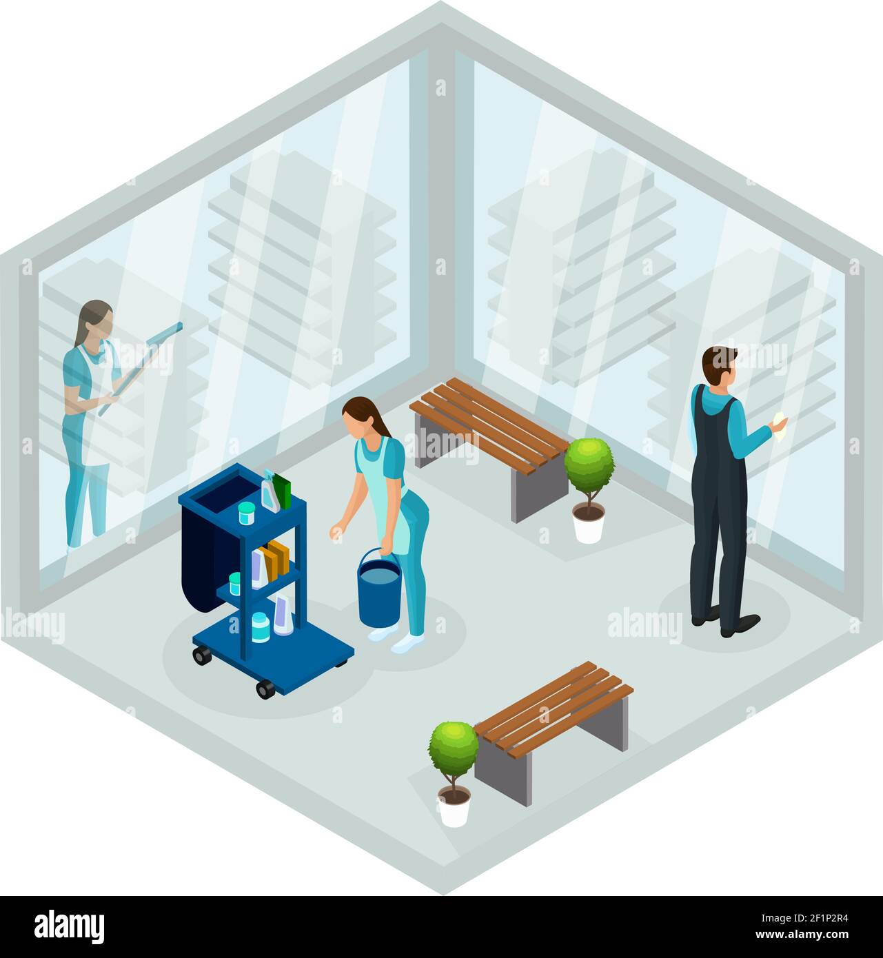 Isometric cleaning service concept with workers of company washing ...