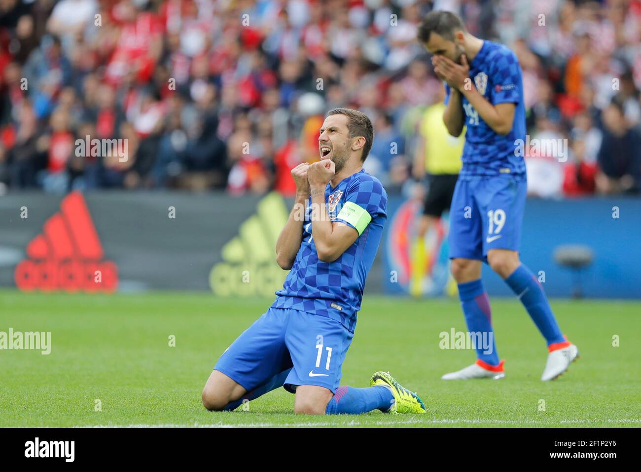 Darijo Srna (CRO) kicked the ball and missed to scored it, Milan Badelj ...