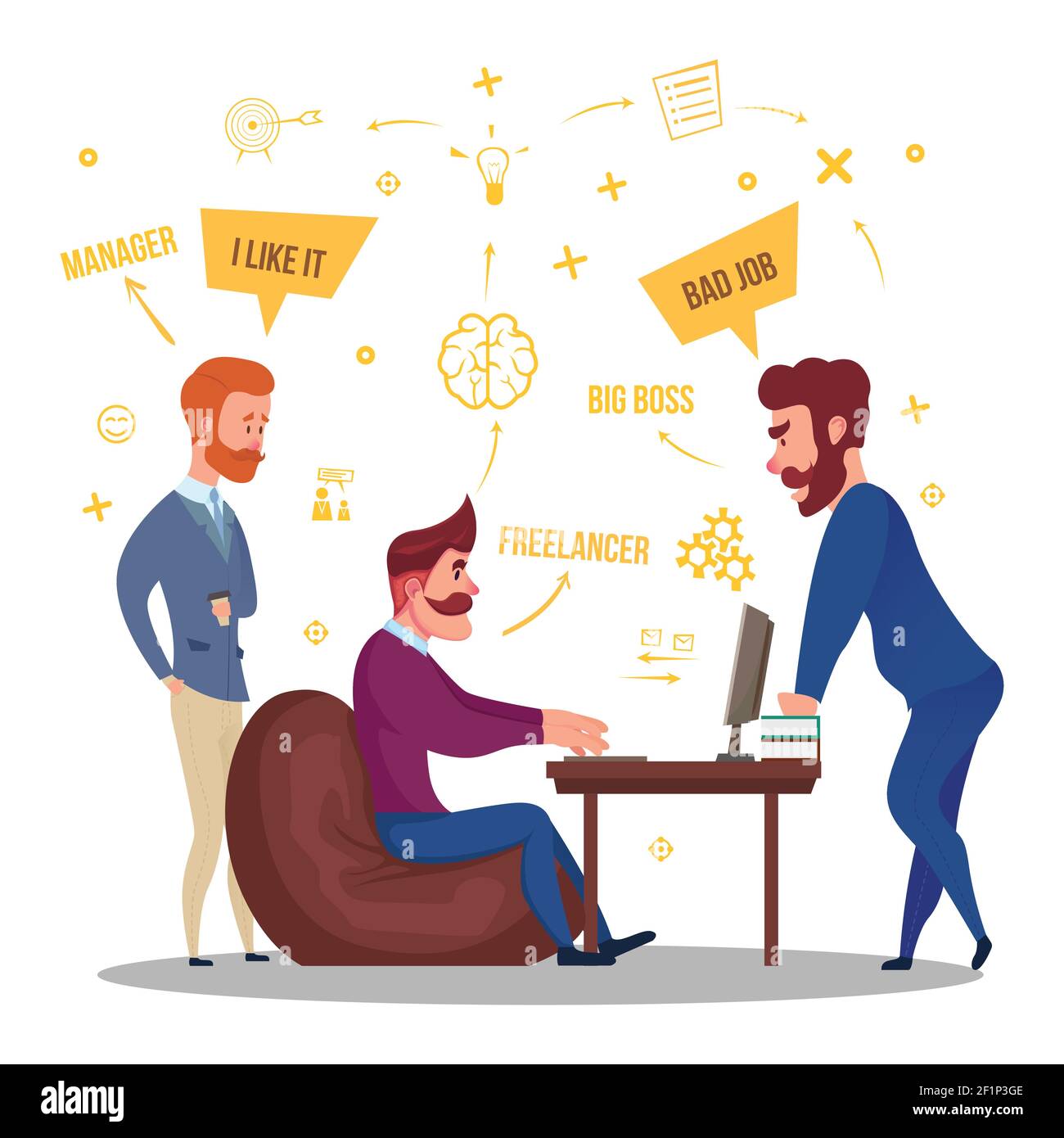 Conceptual composition with three cartoon worker characters with speech ...