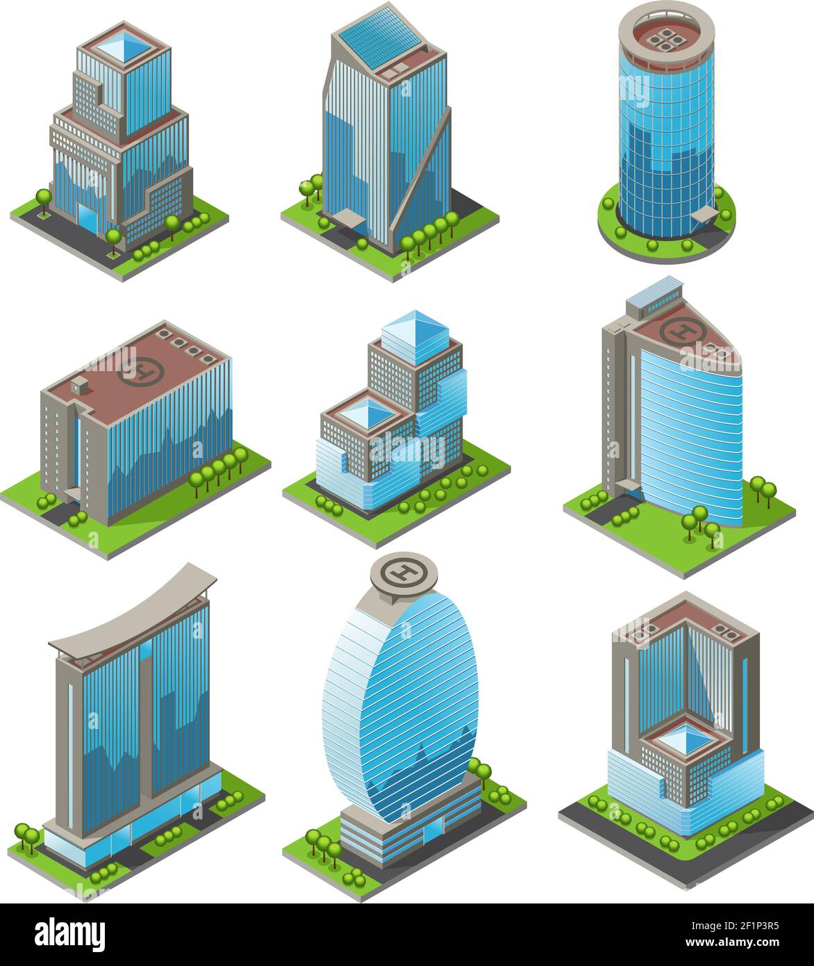 Isometric urban office buildings set of different shapes modern ...