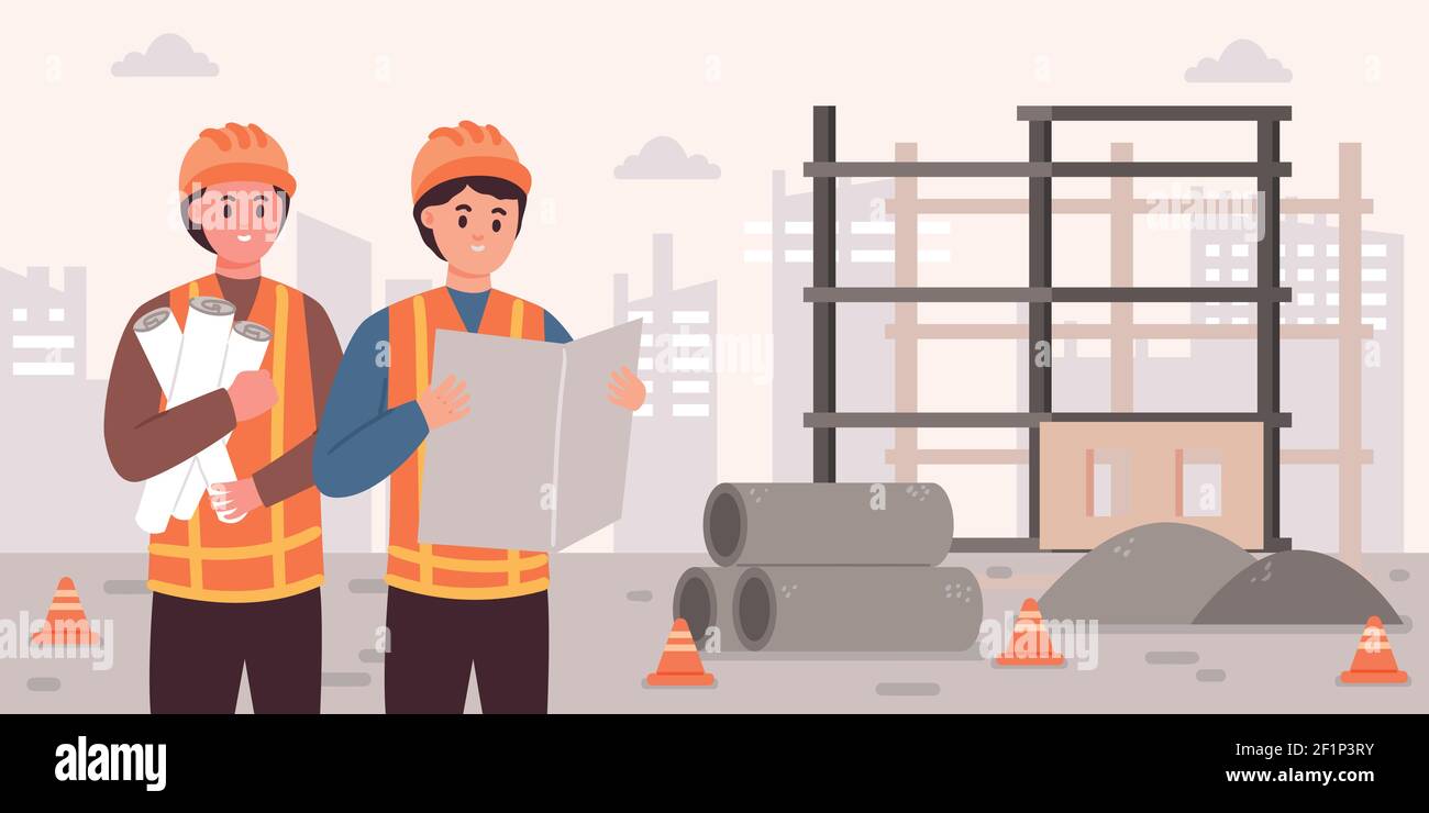 Flat engineers working on construction illustration Vector illustration ...