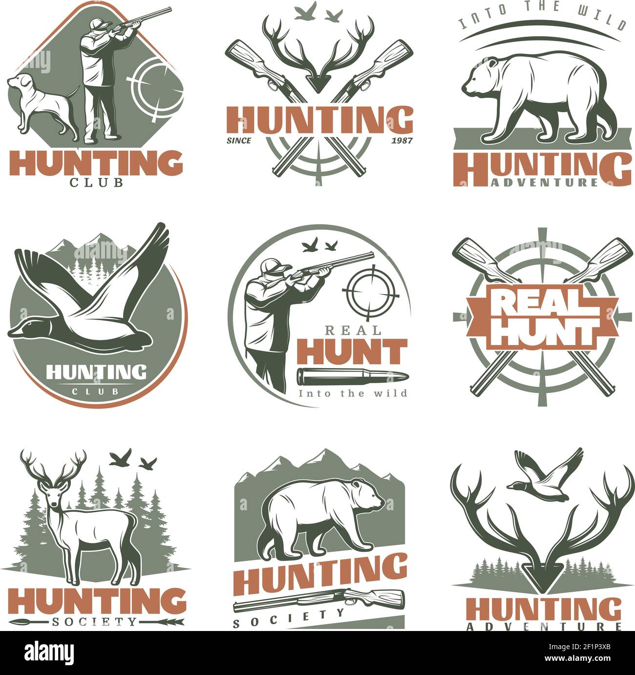 Nine isolated hunting emblems set in color with old style images of ...