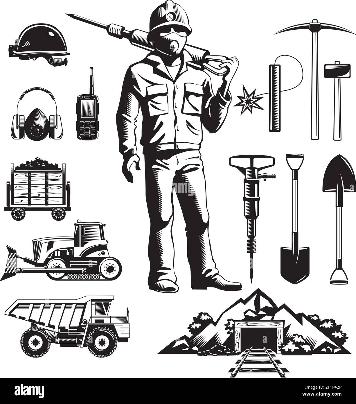 Mining industry monochrome vintage icons set with worker and pit ...