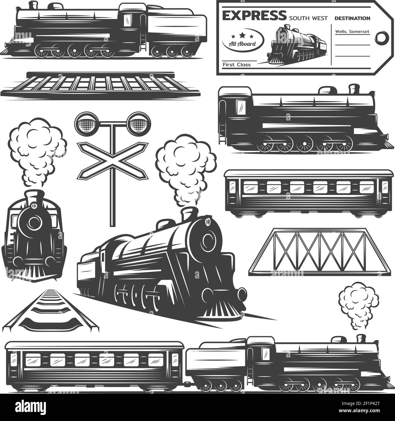 Vintage monochrome locomotive elements collection with train wagons ...