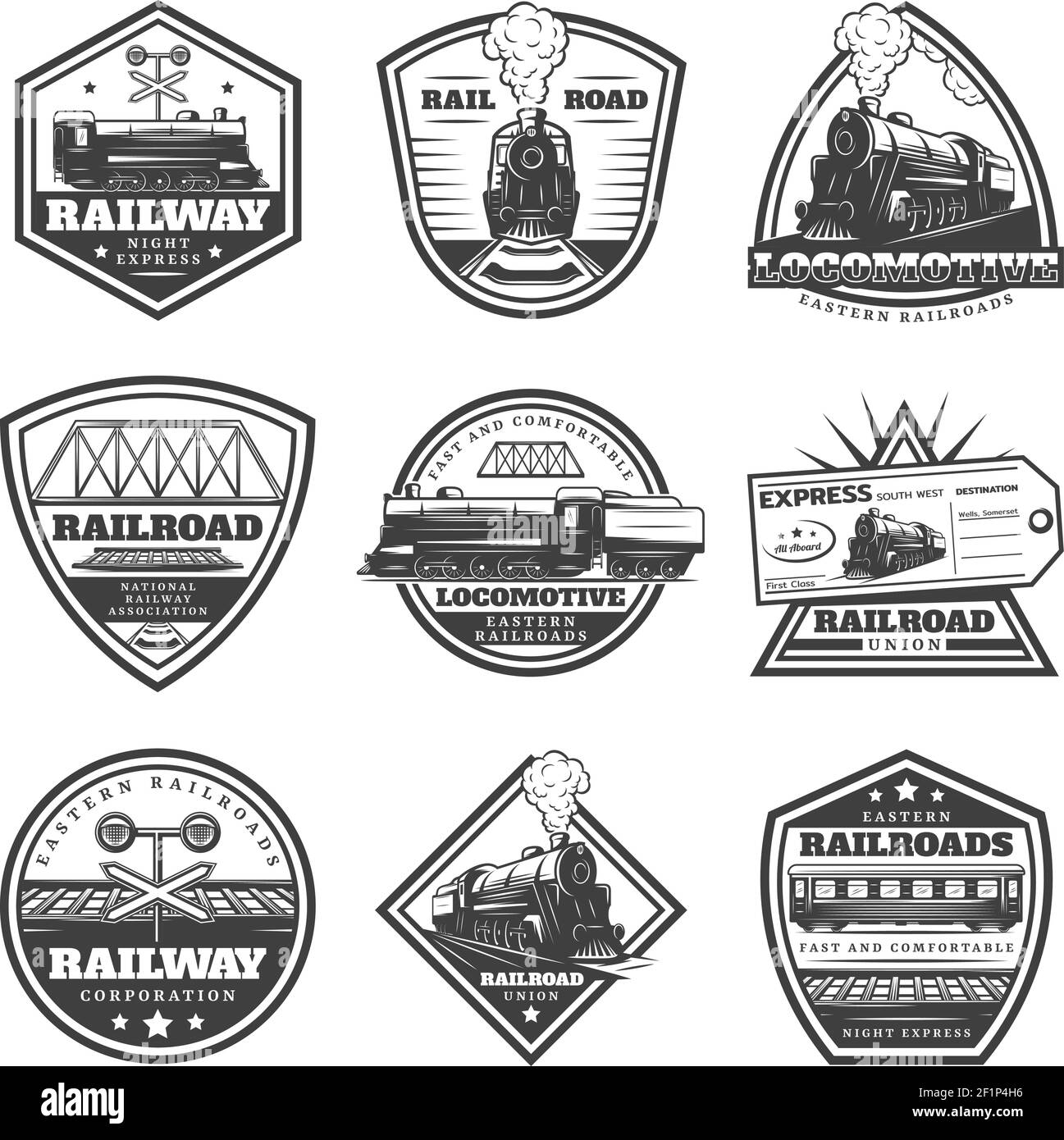 Vintage monochrome locomotive labels set with inscriptions train ...