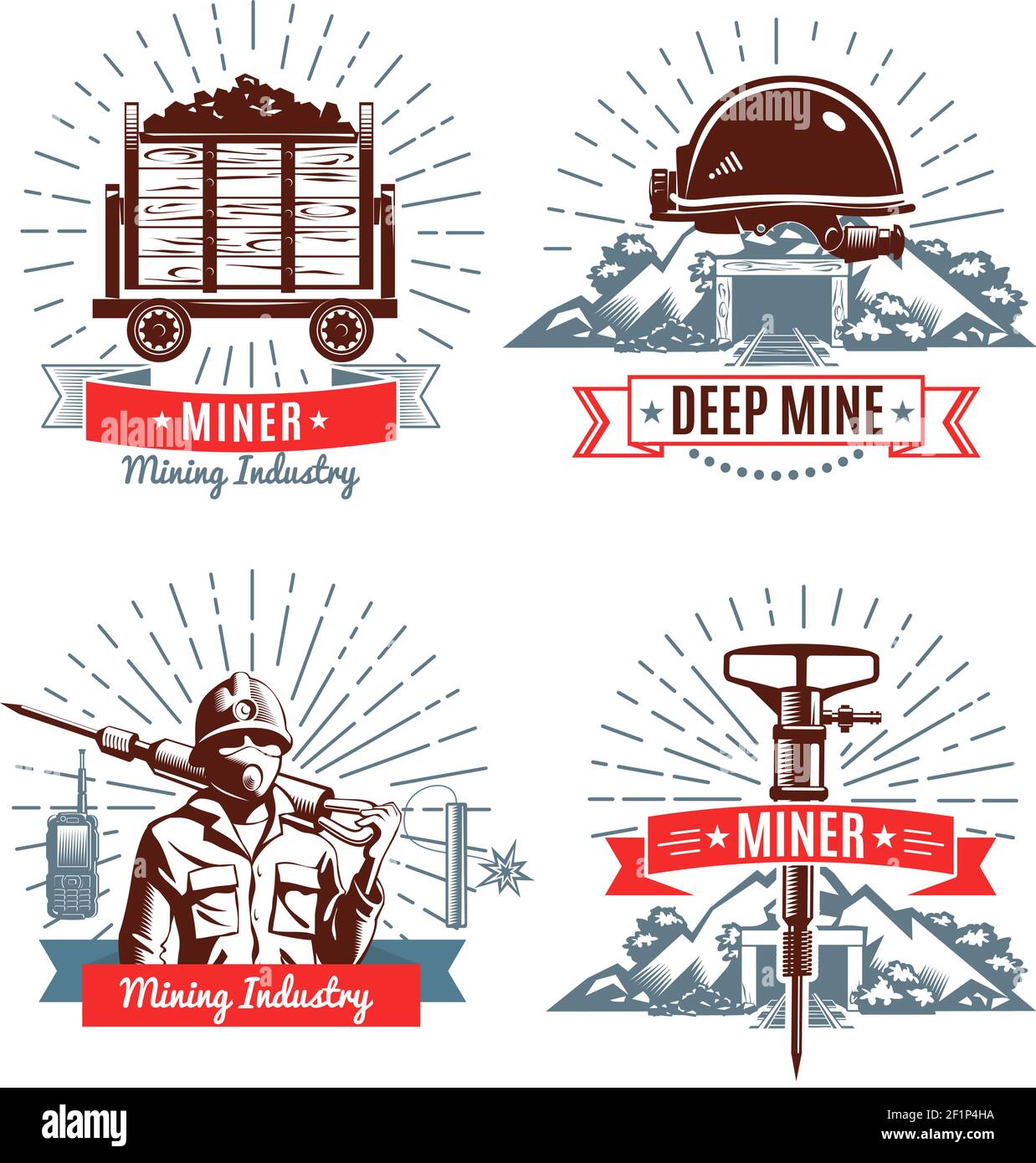 Mining emblems with mountain worker and tools trolley with coal and ...