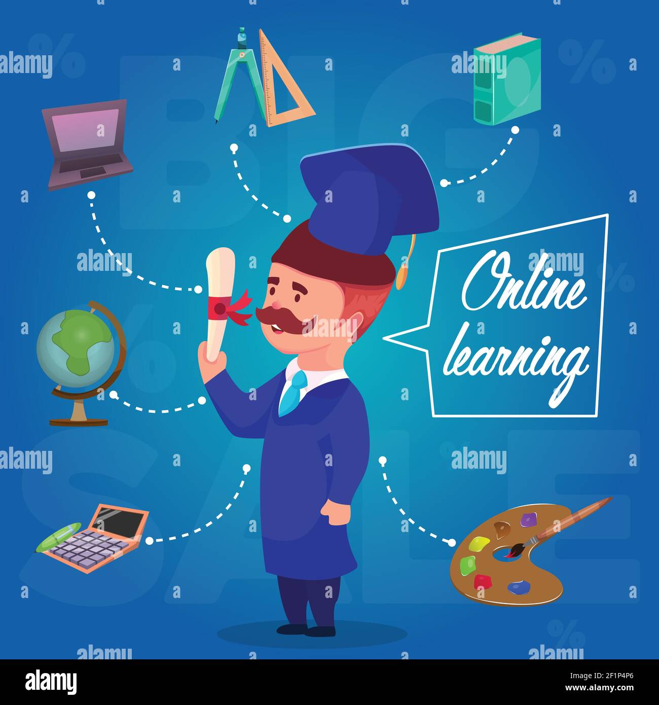 Composition with cartoon man in graduate suite cap calc globe palette ...